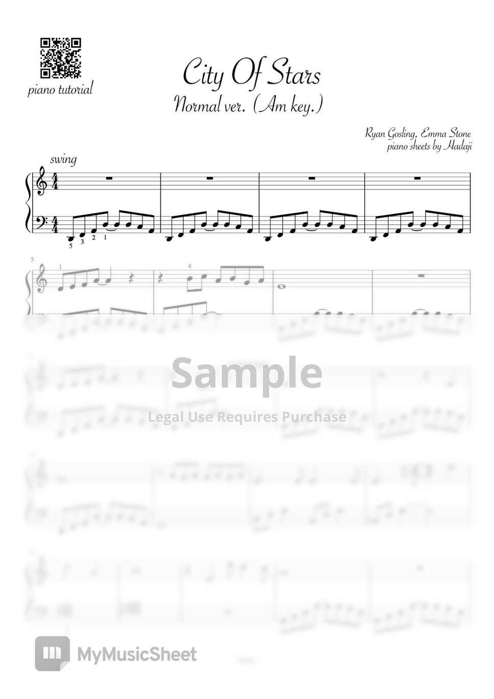 lala land - City Of Stars 'Normal ver.' (Am key) نوتة by HADAJI