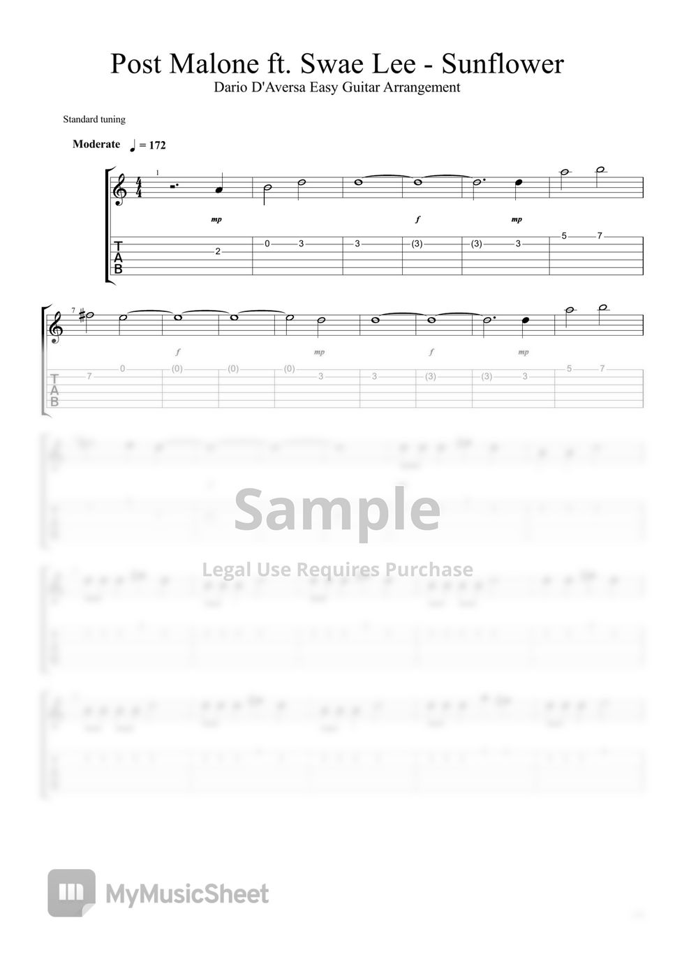 Post Malone ft. Swae Lee - Sunflower (Easy Guitar TAB) แผ่น