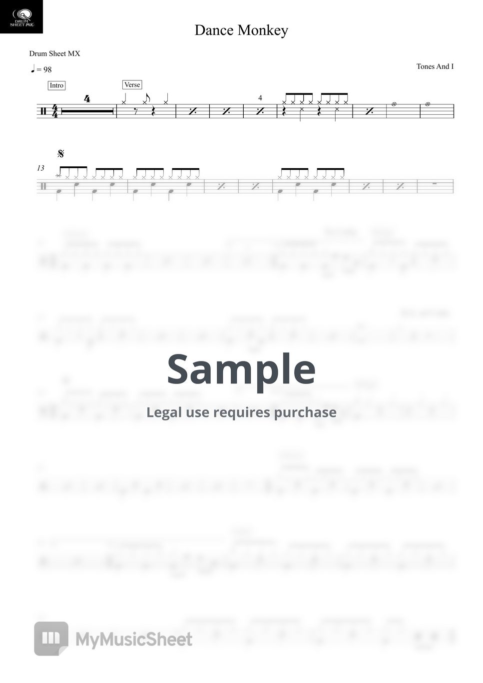 Tones And I - Dance Monkey Sheet Music by Drum Sheet MX