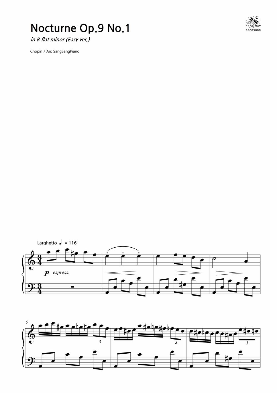 Nocturne Op.9, No.1 (녹턴 1번) - F. Chopin (쉬운 악보) Hoja by 상상피아노
