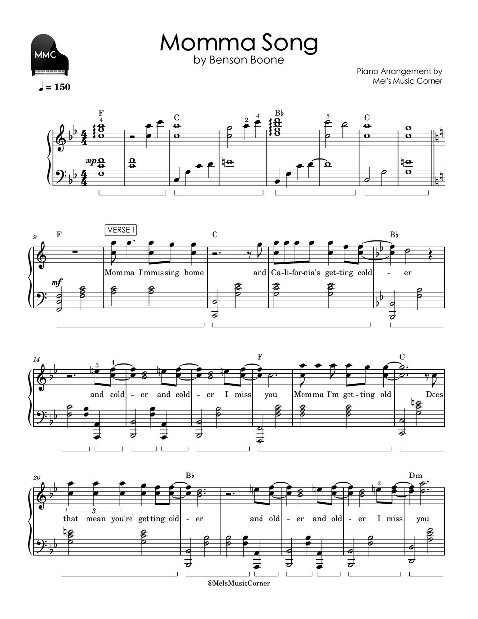 Benson Boone - Momma Song (piano sheet music) Sheet Music by Mel's ...