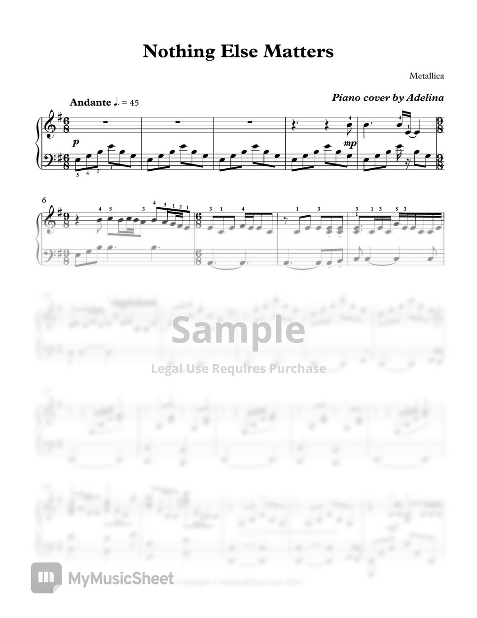 Metallica - Nothing Else Matters Spartito by Adelina Piano