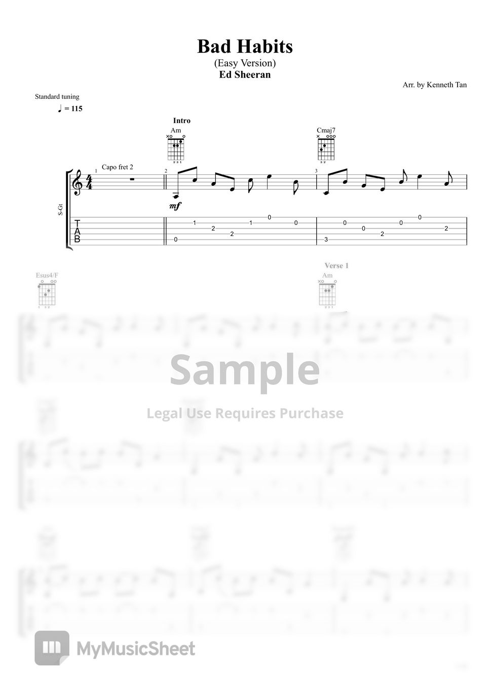 Ed Sheeran | Fingerstyle Guitar - Bad Habits (Easy Version) Sheet Music ...