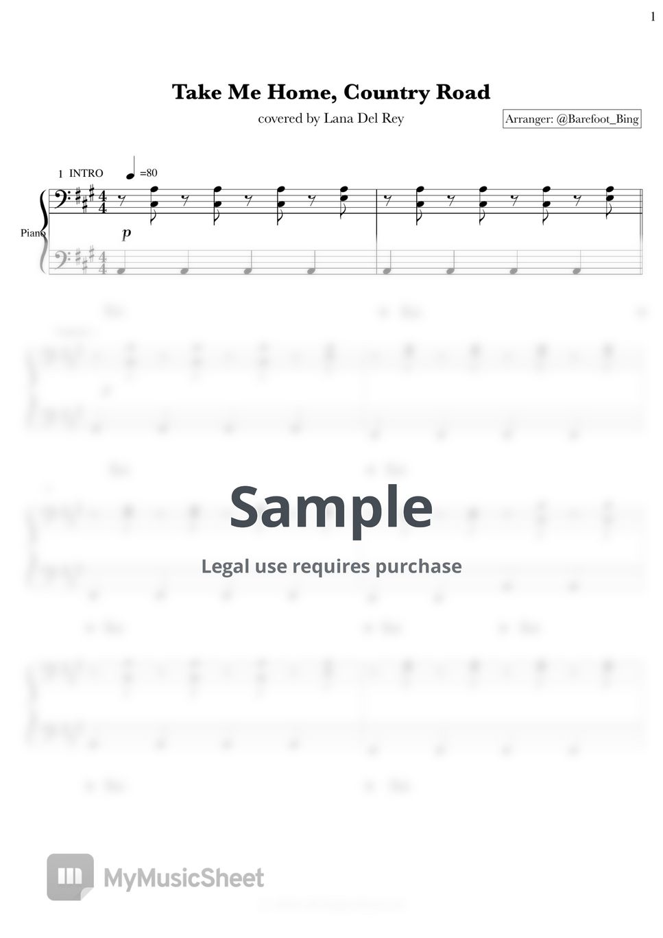 John Denver - Take Me Home, Country Road (Lana Del Rey Cover) Sheets by Barefoot Bing