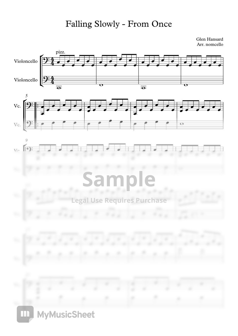 Glen Hansard - Falling Slowly (2 Cellos EASY) Sheet Music by nomcello
