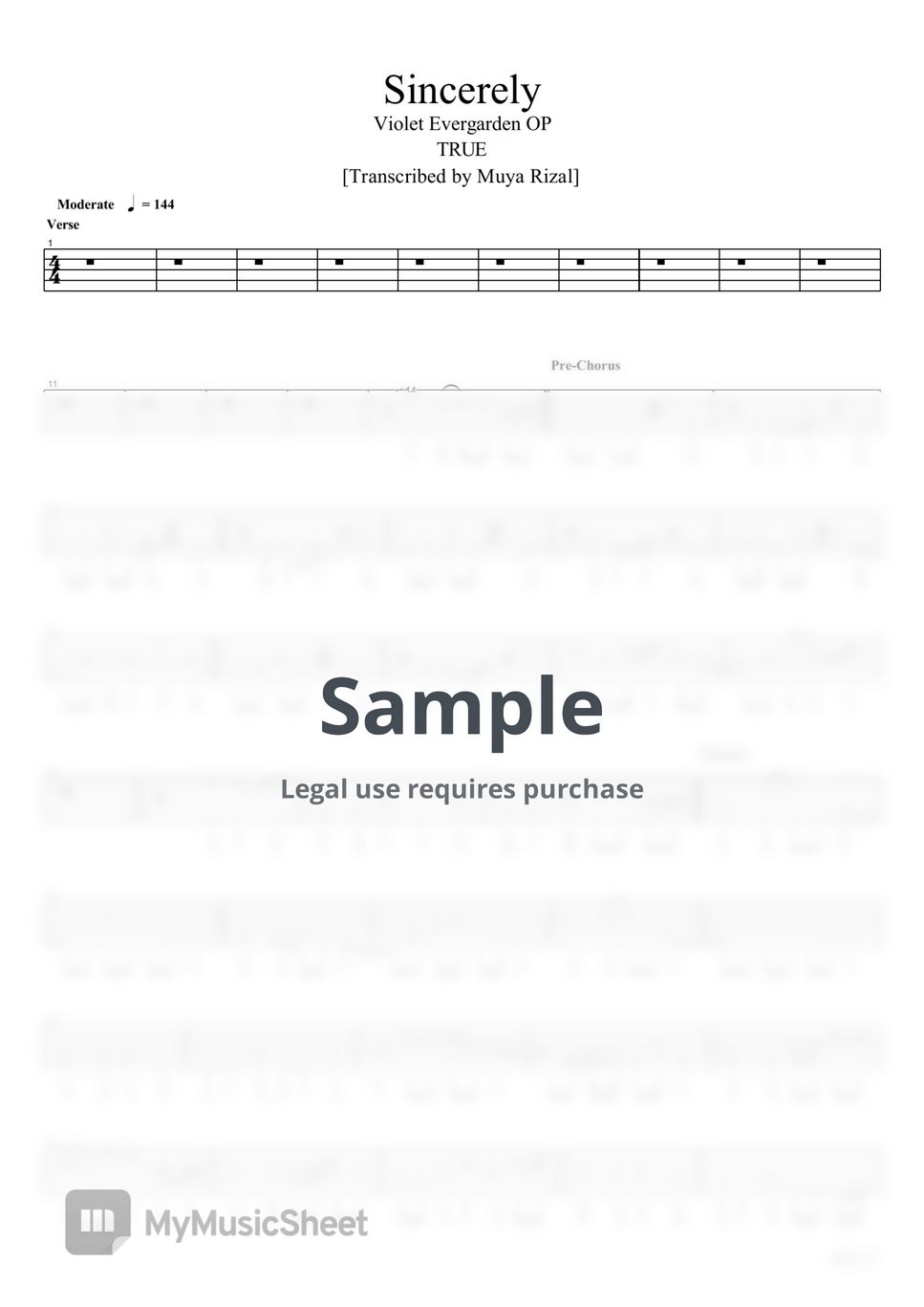 TRUE - SIncerely (Bass TAB) 악보 by Muya