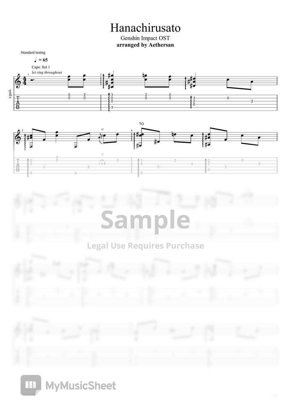 Genshin Impact - Hanachirusato (Ayaka Theme) (Fingerstyle) TAB+1 Staff ...