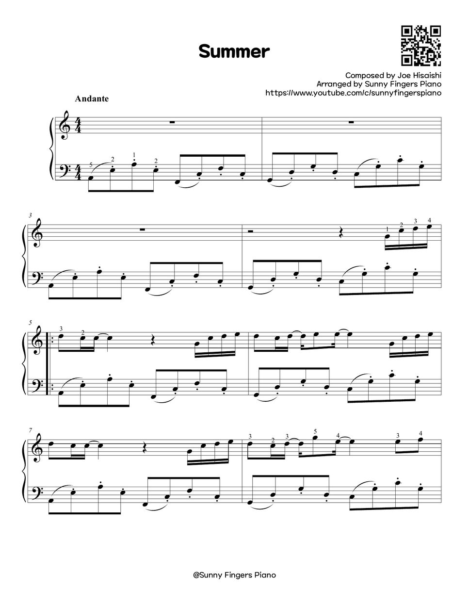 久石譲 - Summer (easy, original key+short ver. 3 collection) 楽譜 by Sunny Fingers Piano