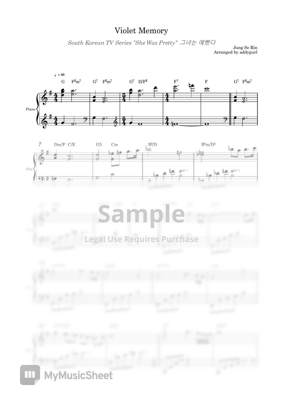 Jung Se Rin - Violet Memory - She Was Pretty 그녀는 예뻤다 (Easy) Bladmuziek by addygurl