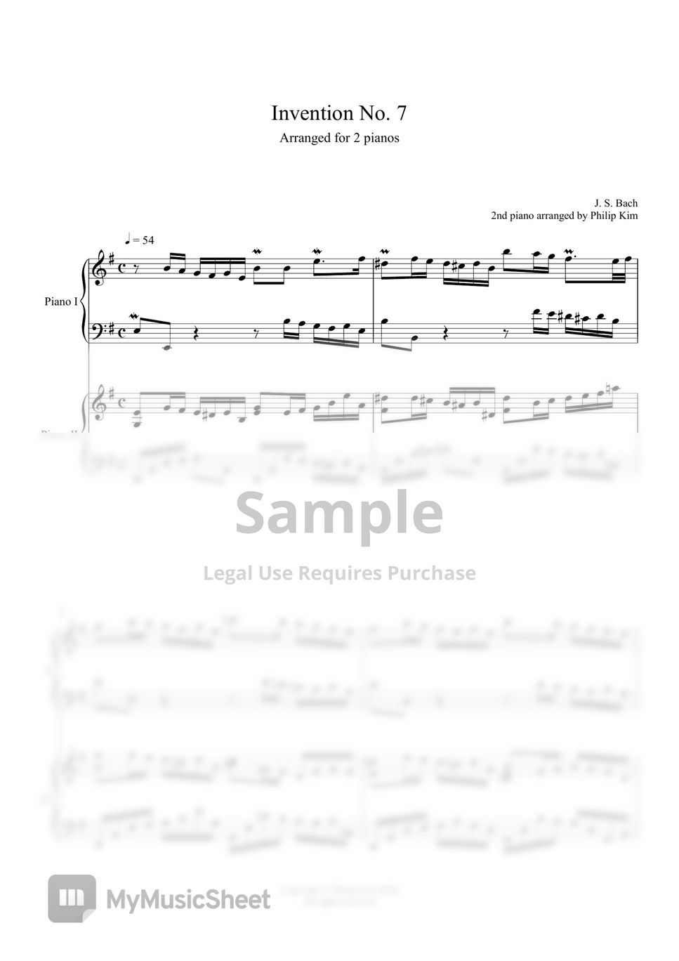 J. S. Bach - Bach 2 Part Inventions No. 7 for 2 pianos แผ่น by Philip Kim