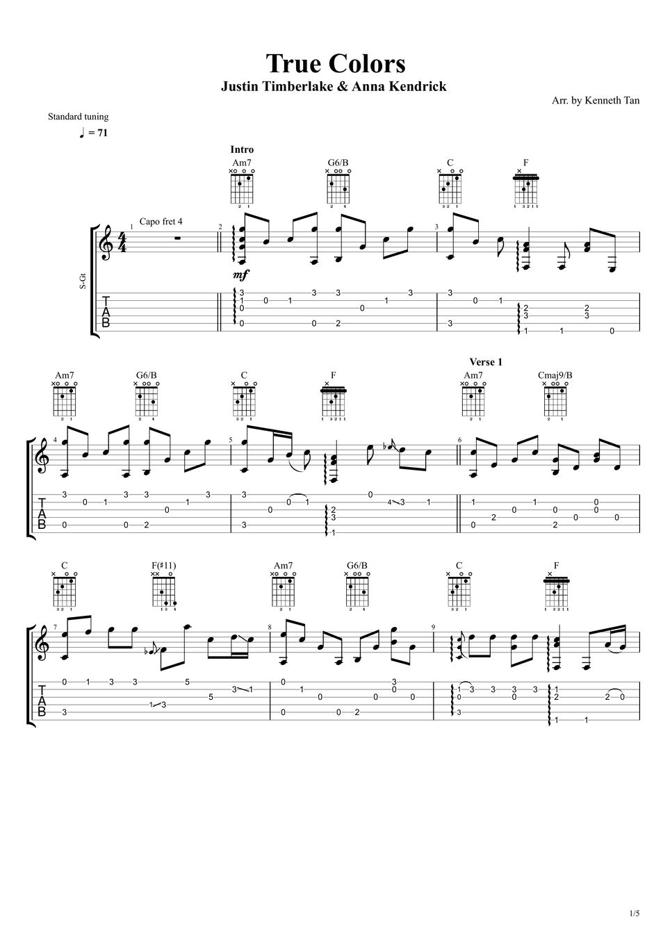 Justin Timberlake & Anna Kendrick | Fingerstyle Guitar - True Colors TAB by Kenneth Acoustic