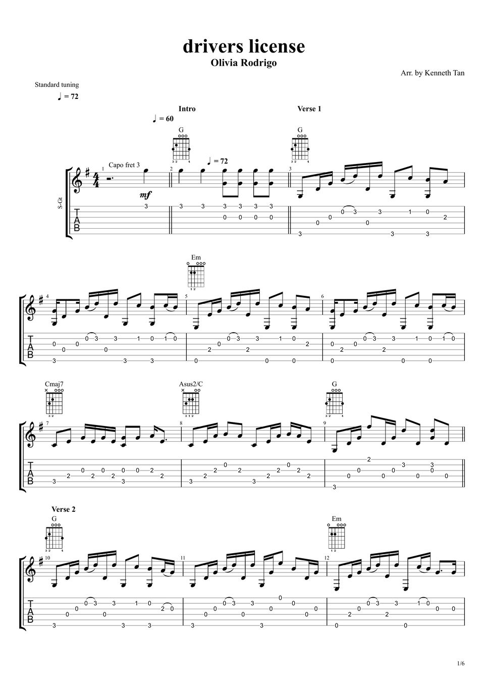 Olivia Rodrigo | Fingerstyle Guitar - drivers license 악보 by Kenneth ...