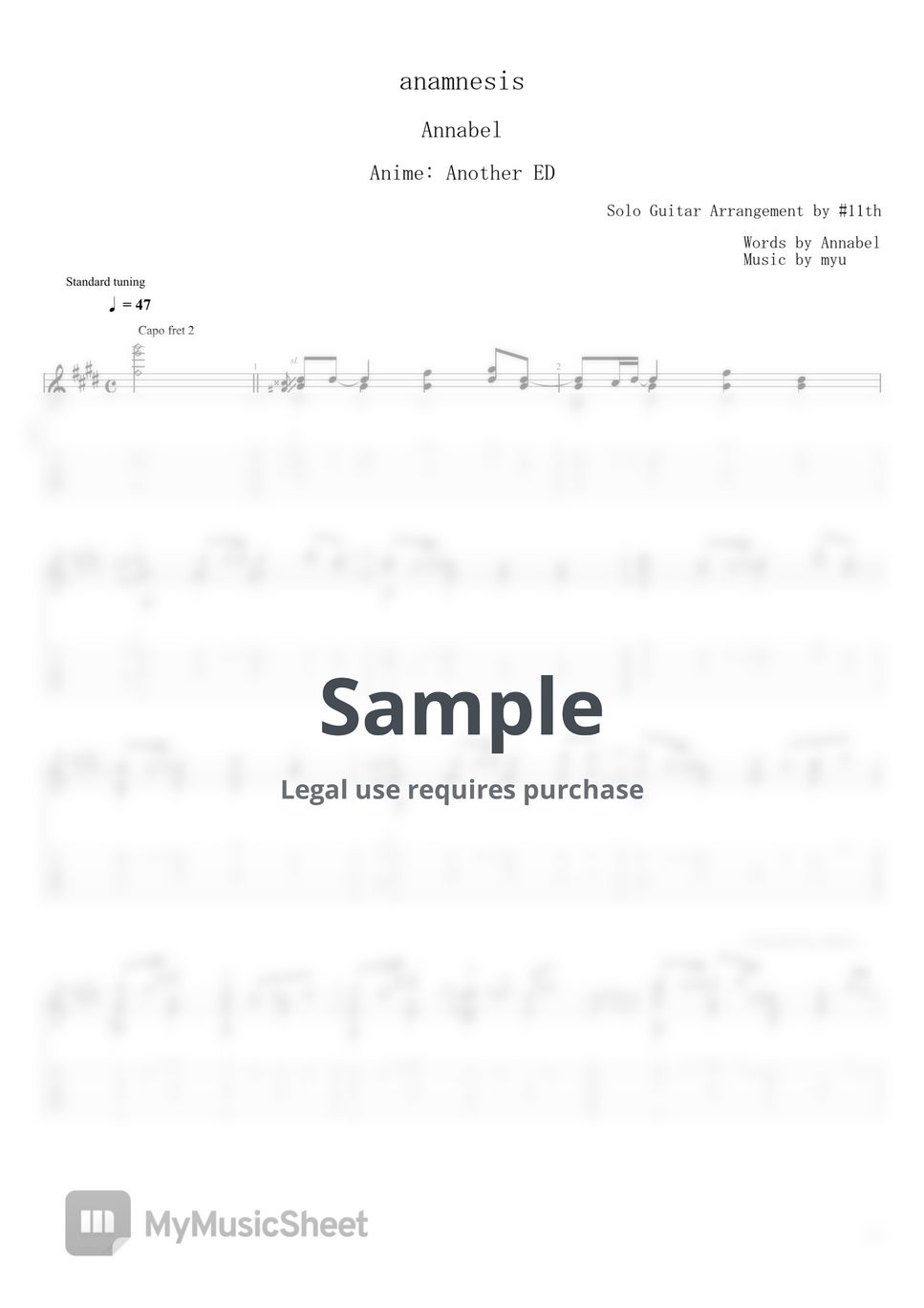 Annabel - anamnesis (Another ED) Tab + 단선 악보 by #11th