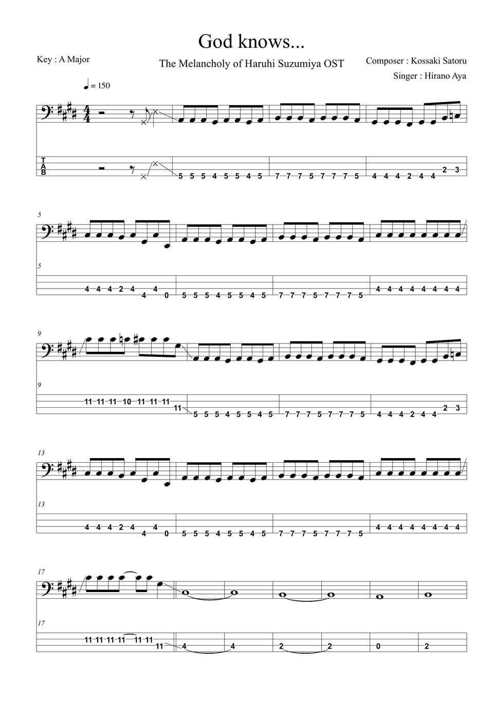 Hirano Aya - God knows... (스즈미야 하루히의 우울 ost) Sheets by Studio Mosso