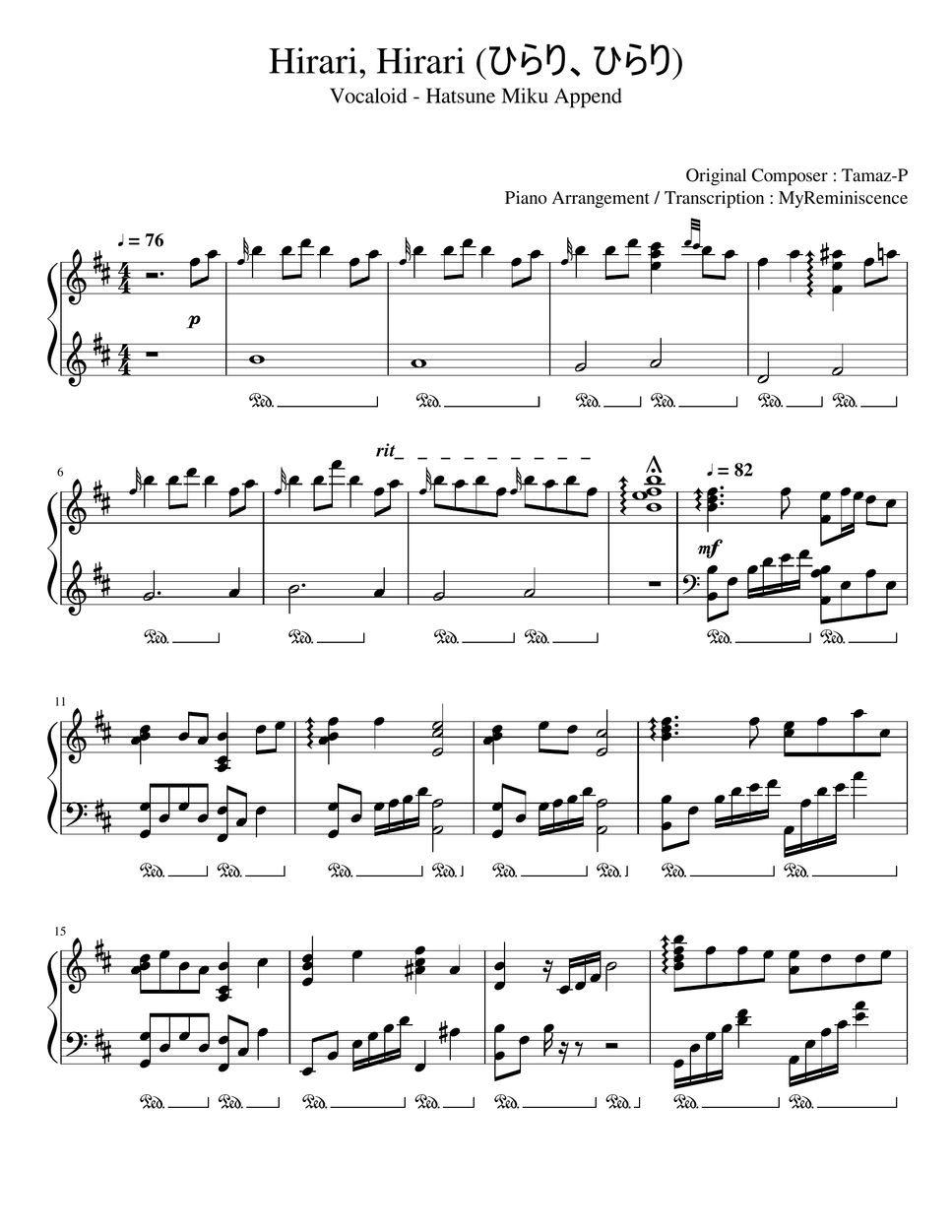 Tamaz-P - Hirari, Hirari (Hatsune Miku) Sheets by Aoryn (MyReminiscence)