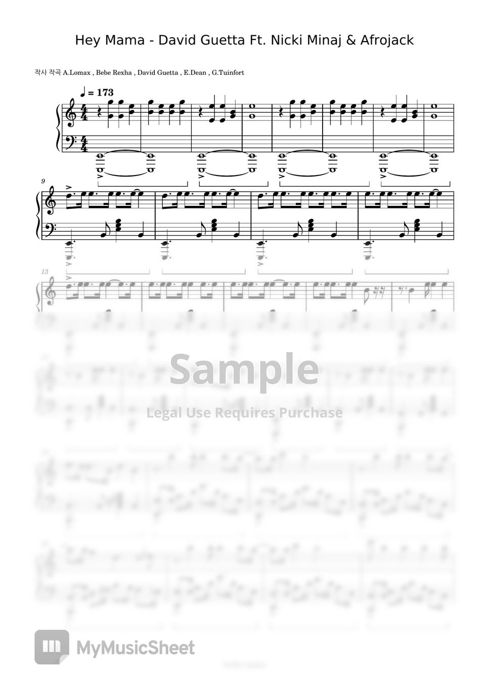 David Guetta - Hey mama (스트릿우먼파이터 / 스우파 / 스맨파/ 비엠비셔스) (헤이마마) Sheet ...