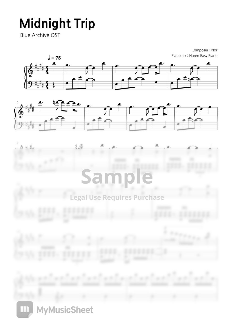 Blue Archive OST - Midnight Trip (Easy ver) Sheet Music by Haren Easy Piano