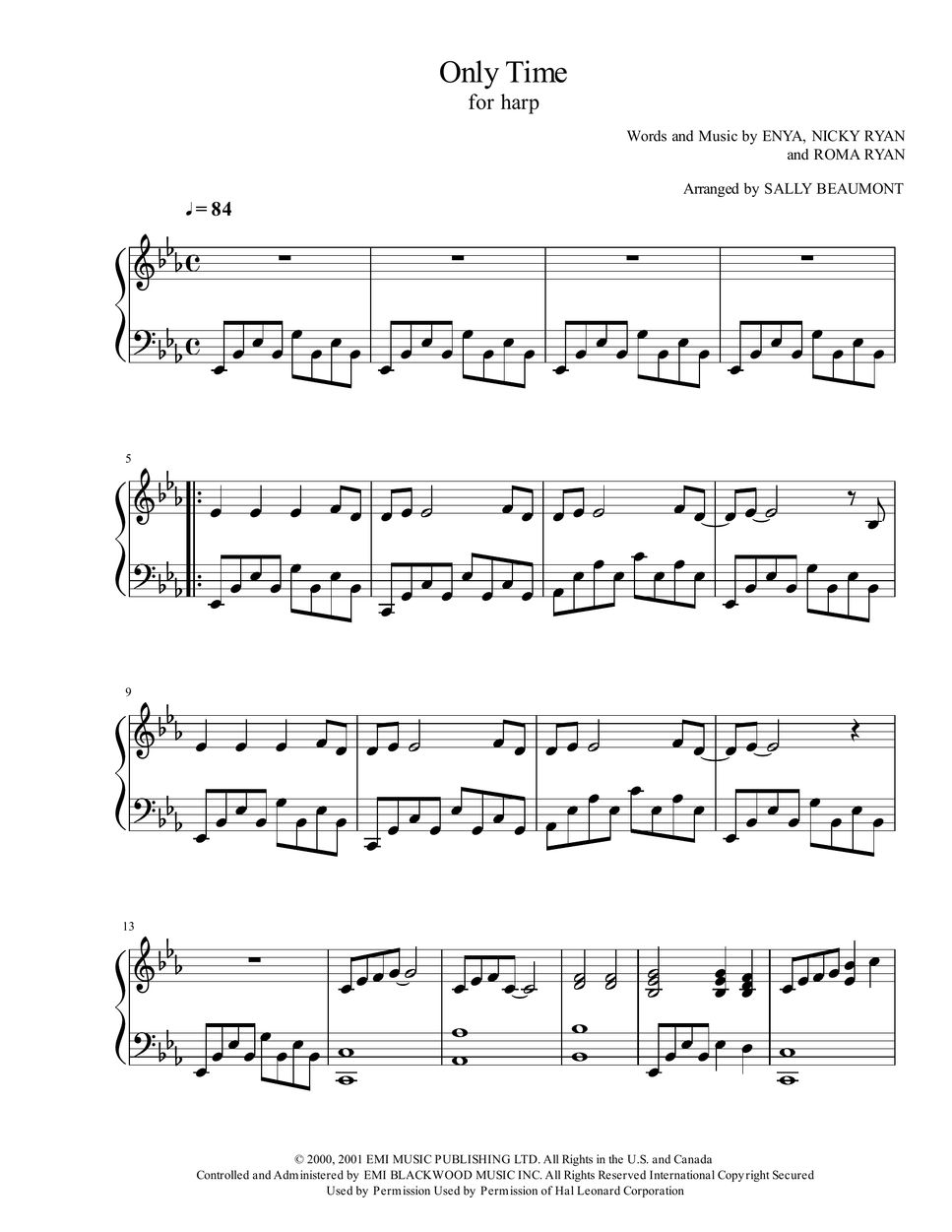 Enya - Only Time (harp) Sheet Music by Sally Beaumont