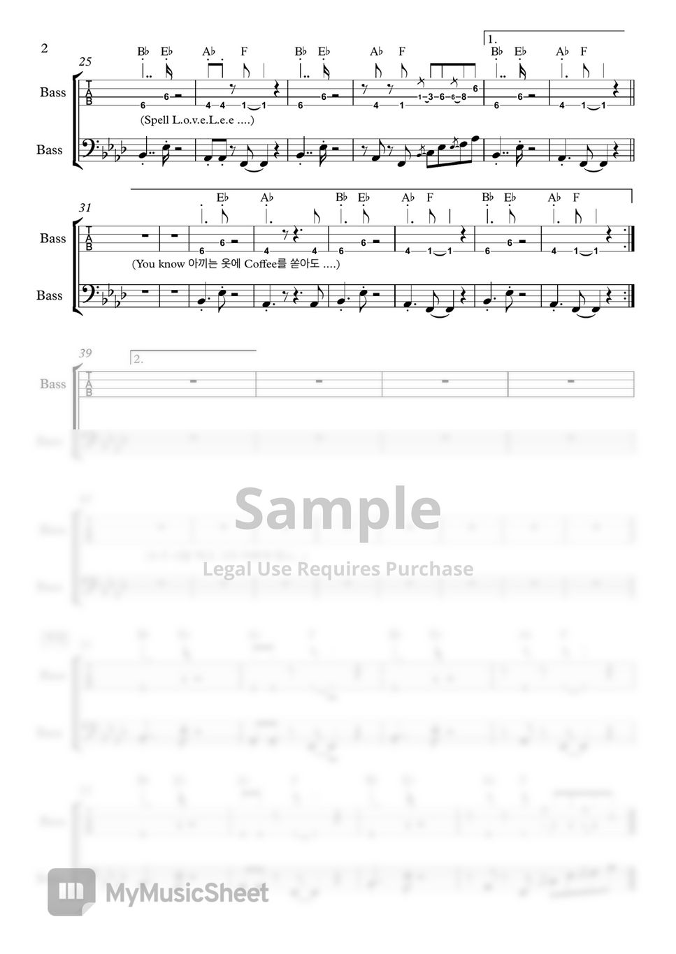 악뮤 - Love Lee (타보(tab)+음계) Sheets by TTun's_bass