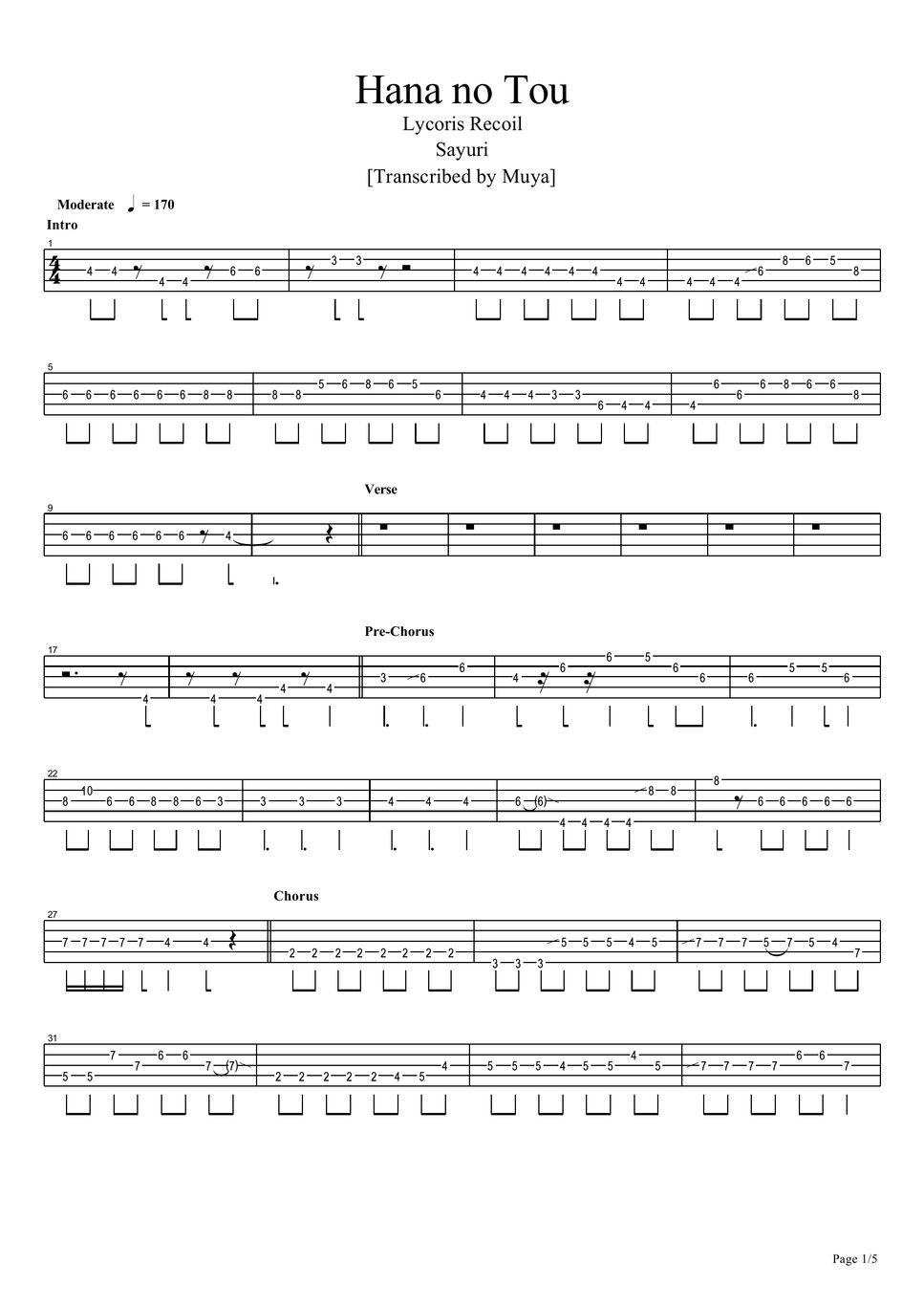 Sayuri - Hana no Tou (Bass TAB) Sheets by Muya