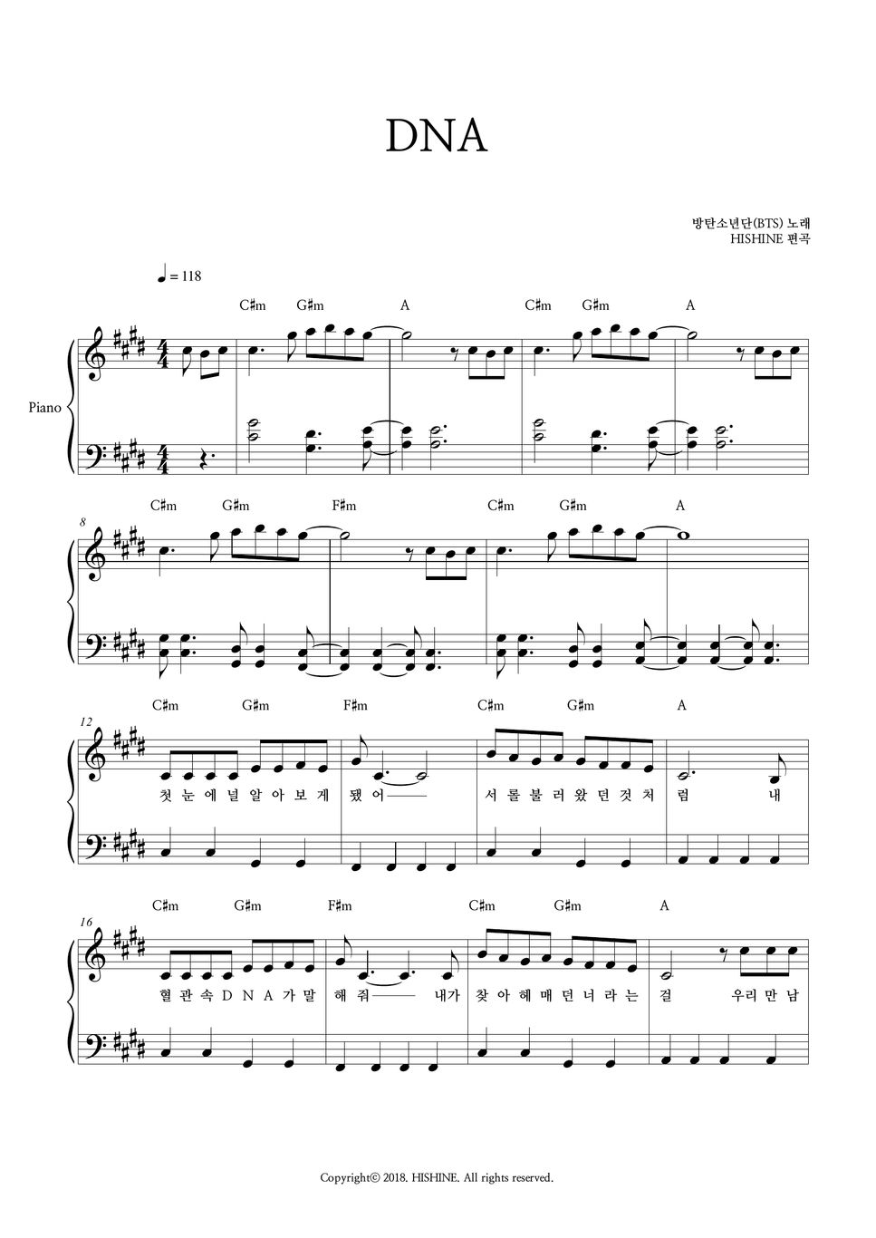 BTS - DNA Easy Piano Sheet