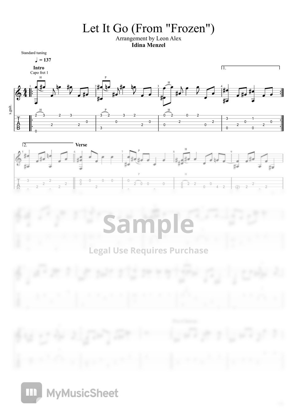 Frozen - Let It Go (Fingerstyle) Tab + 1staff by Leon Alex