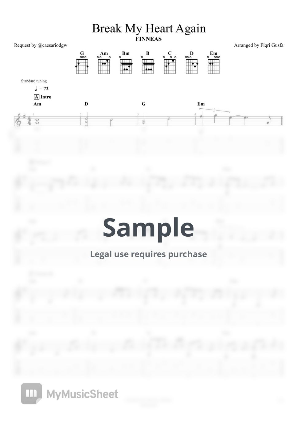 Finneas - Break My Heart Again Tab + 단선 악보 by Fiqri Gusfa