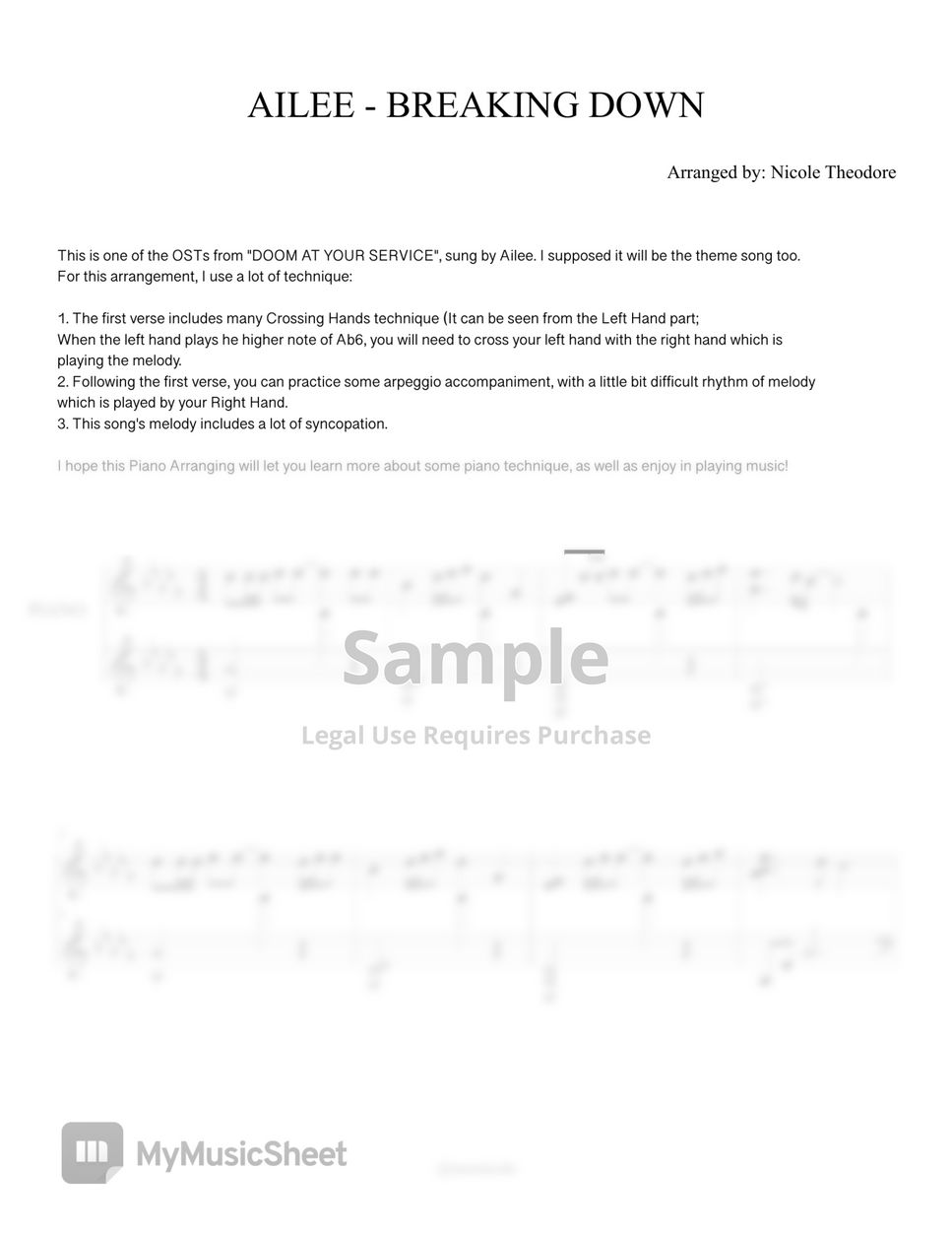 DOOM AT YOUR SERVICE OST - AILEE - BREAKING DOWN Sheet Music by Nicole Theodore (@moosicole)