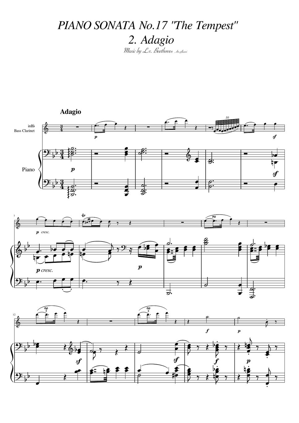 Beethoven - The Tempest, 2nd Mov (Bass Clarinet & Piano) Sheet Music by pfkaori