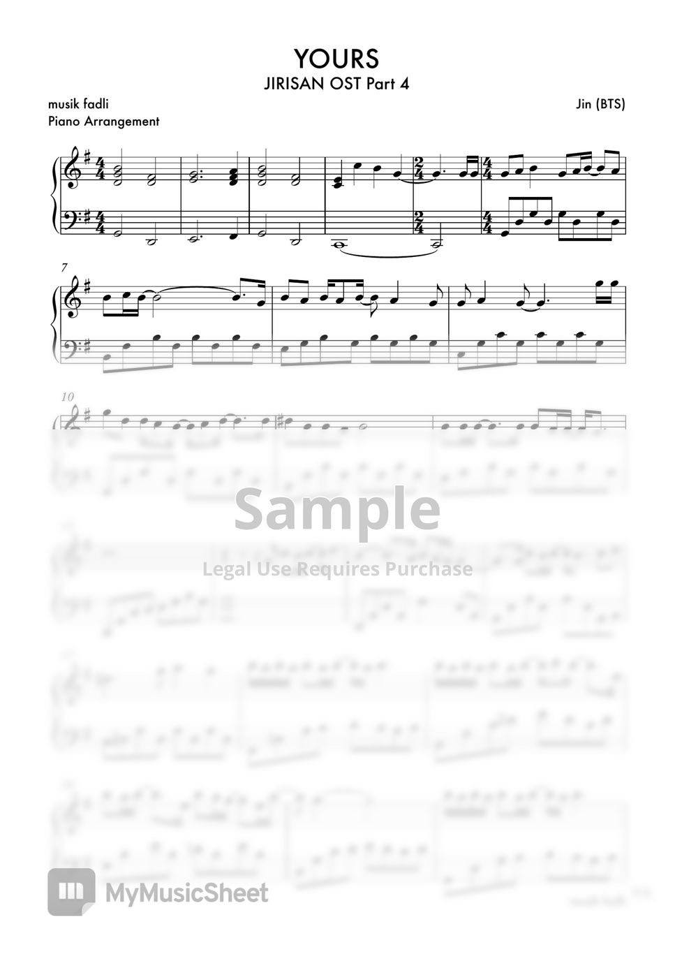 Yours (Female Key in G) - Jin (BTS) (easy version) 악보 by musik fadli