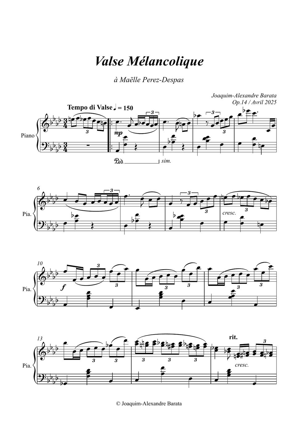 Joaquim-Alexandre Barata - Valse Mélancolique - Op.14 in F Minor Sheet ...