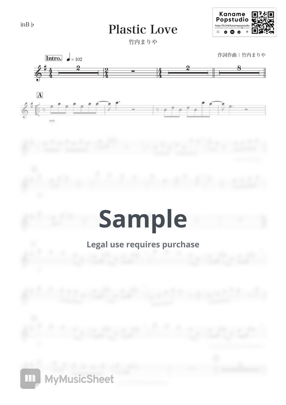 Mariya Takeuchi - Plastic Love (B♭) Sheets by Kaname@Popstudio