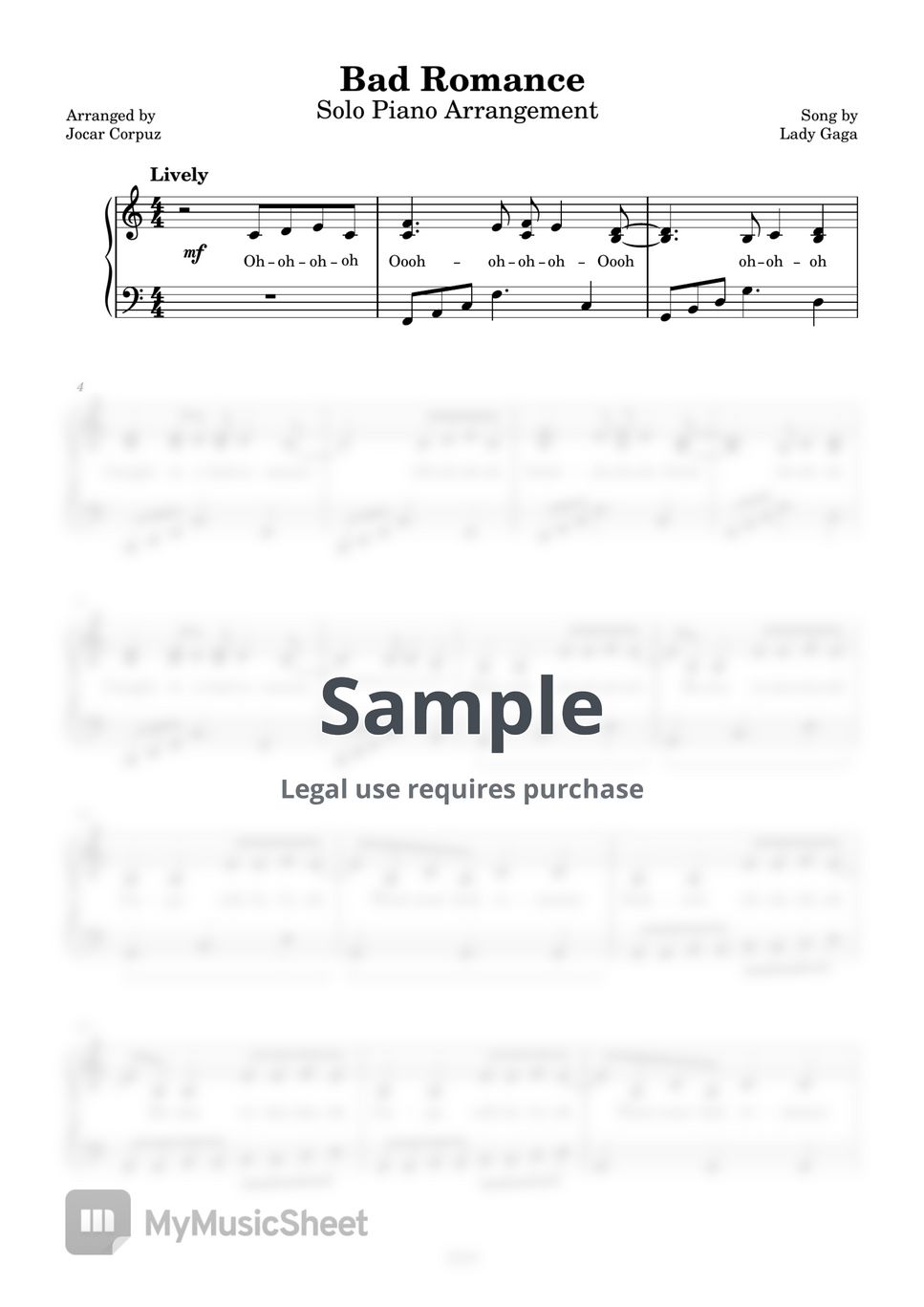 Lady Gaga - Bad Romance Sheet Music by Jocar Corpuz