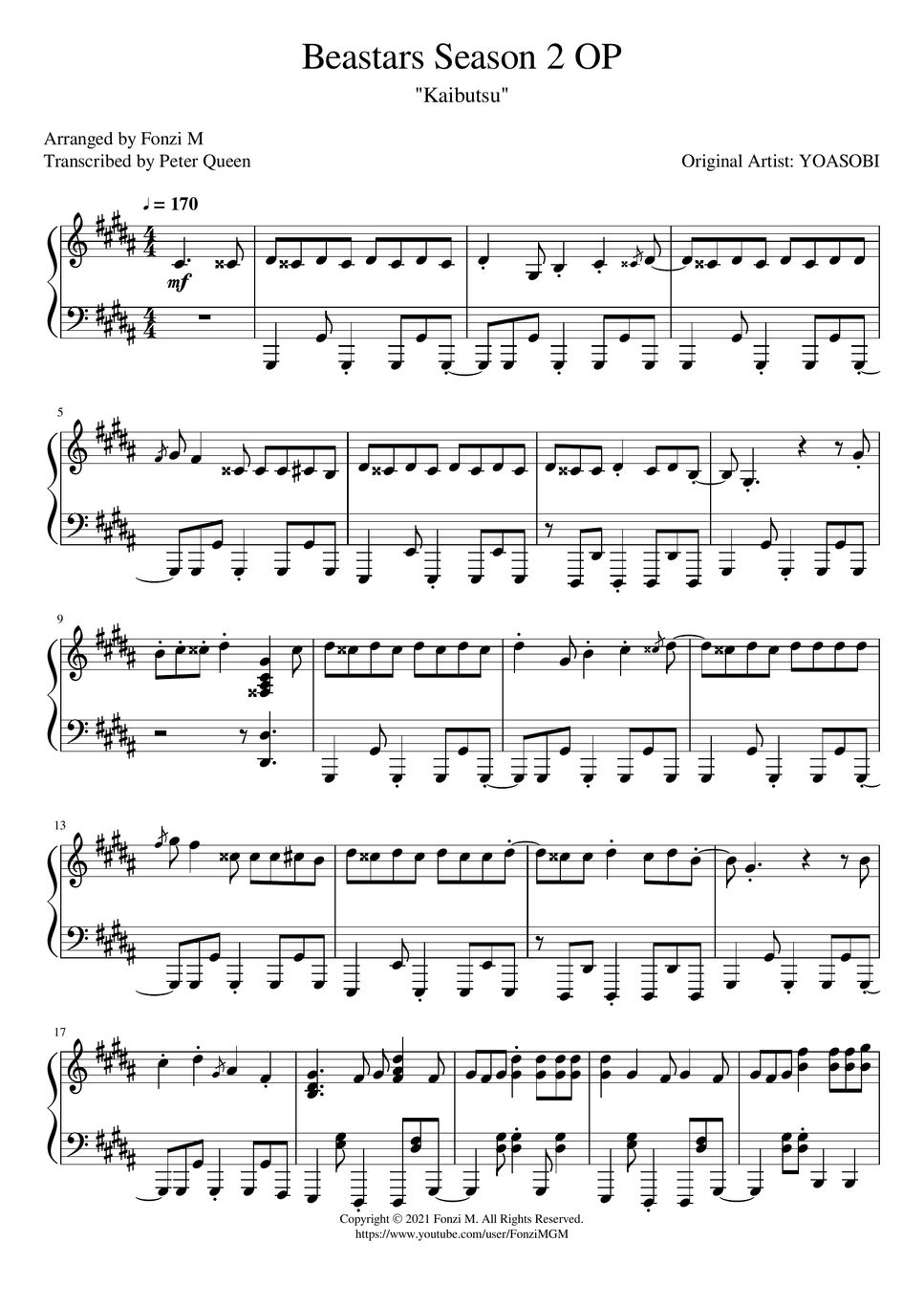 YOASOBI - Beastars Season 2 OP - "Kaibutsu / 怪物" 楽譜 by Fonzi M