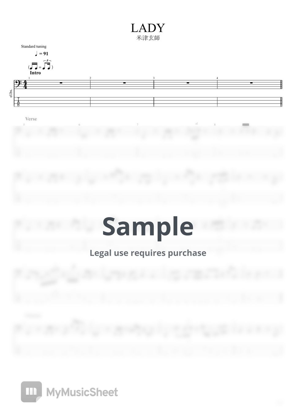 米津玄師 (yonezu kenshi) 요네즈켄시 - LADY (Bass tab / Lady bass) TAB+1 Staff by cjw