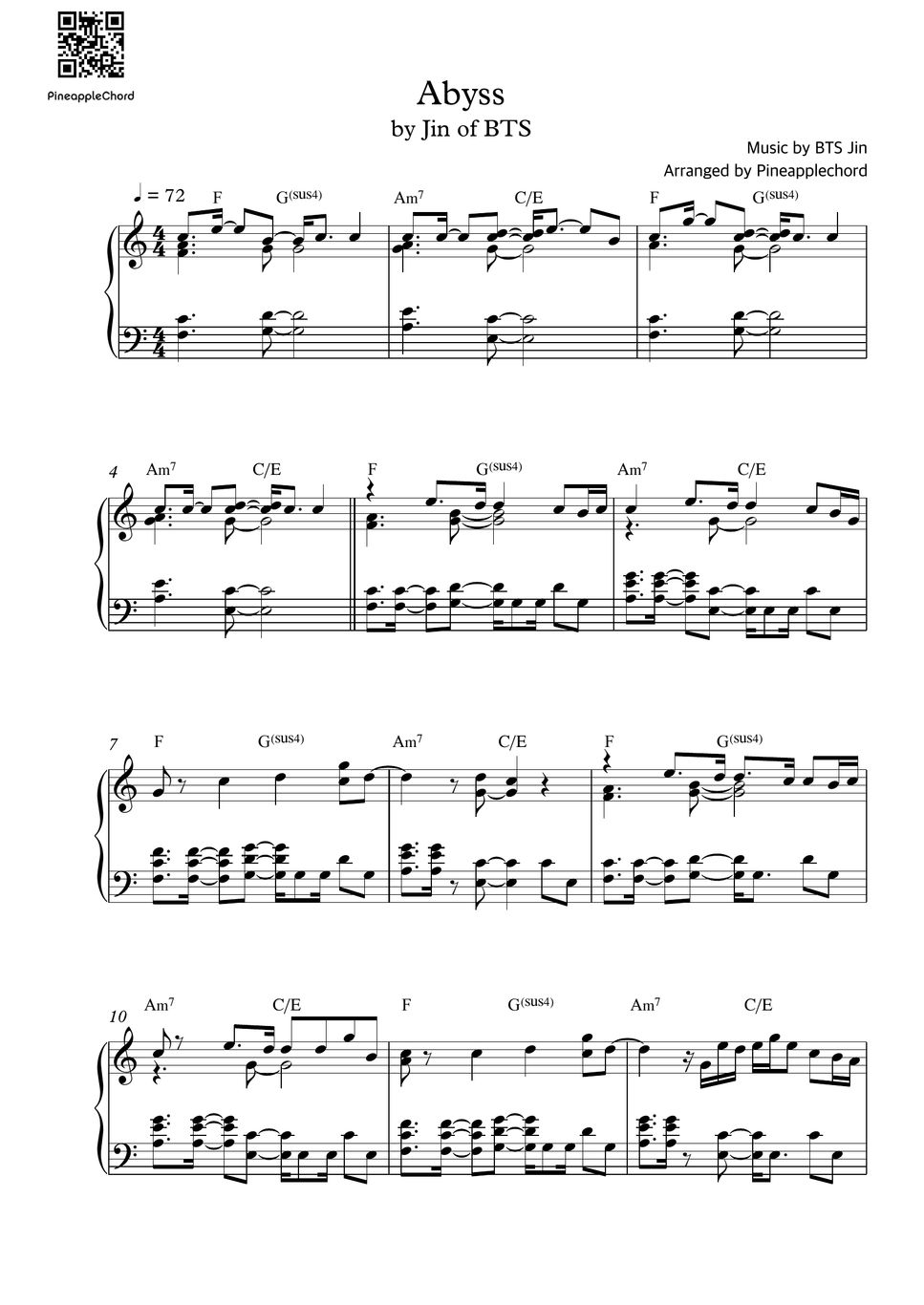 BTS Jin - Abyss (Piano Solo) Sheets by Pineapplechord