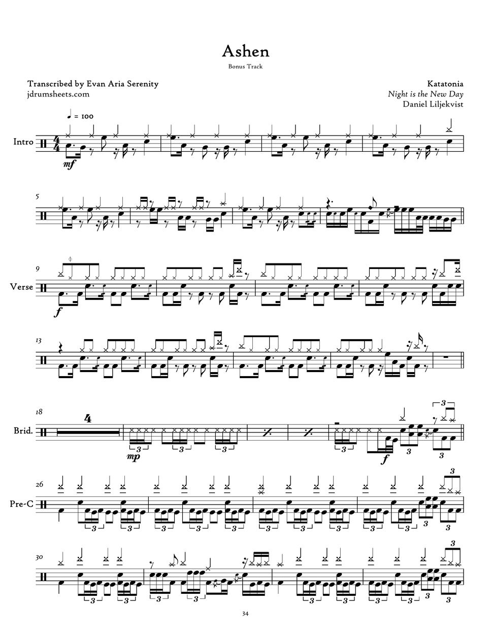 Katatonia - Ashen Sheets by Jaslow Drum Sheets