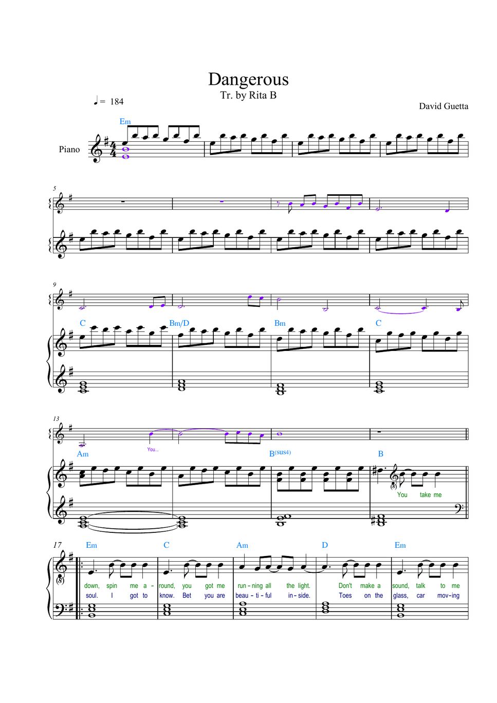 David Guetta, Sam Martin - Dangerous (lyrics, chords) Sheet Music by Rita B