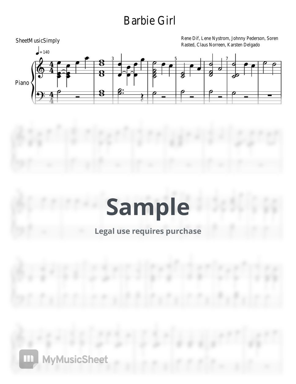 Aqua - Barbie Girl Sheets by SheetMusicSimply