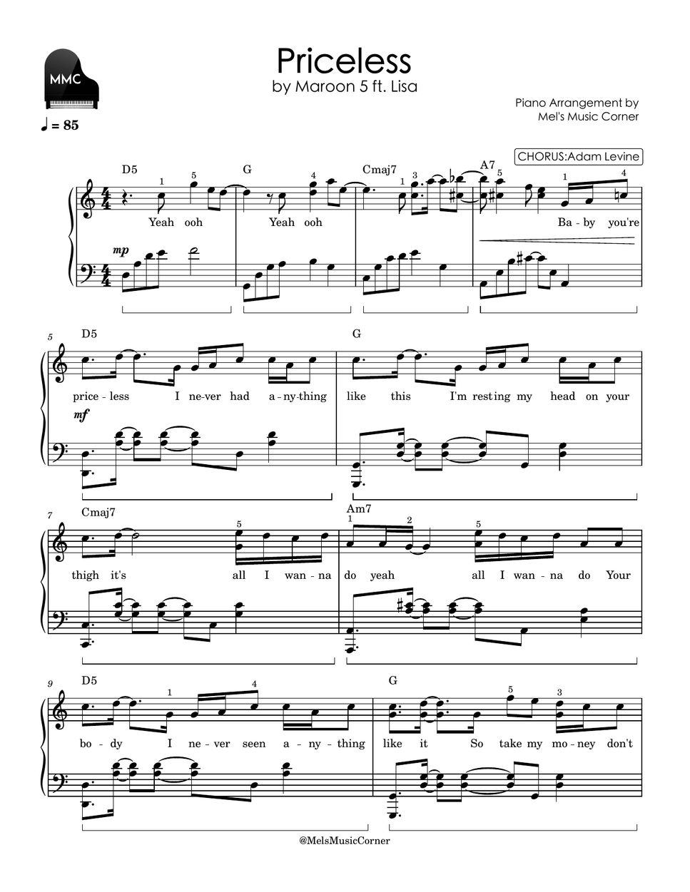Maroon 5 ft. Lisa - Priceless (piano sheet music) Sheet Music by Mel's ...