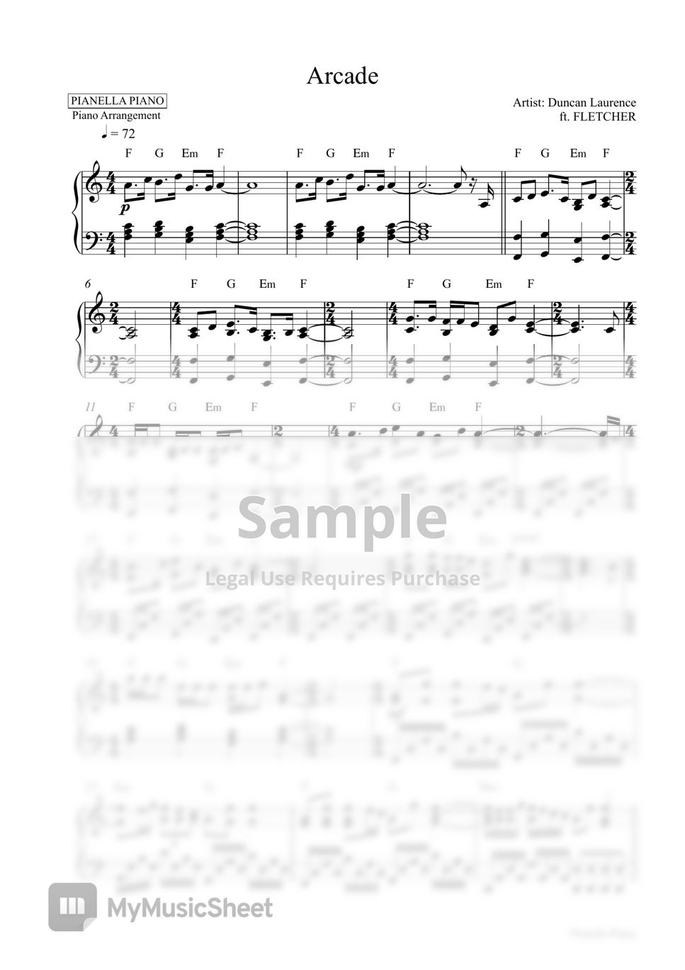 Duncan Laurence ft. FLETCHER - Arcade (Piano Sheet) Partition musicale ...