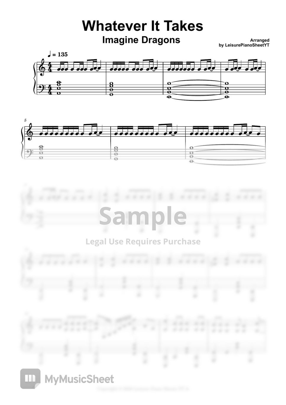Imagine Dragons - Whatever It Takes Sheet Music by Leisure Piano Sheets YT