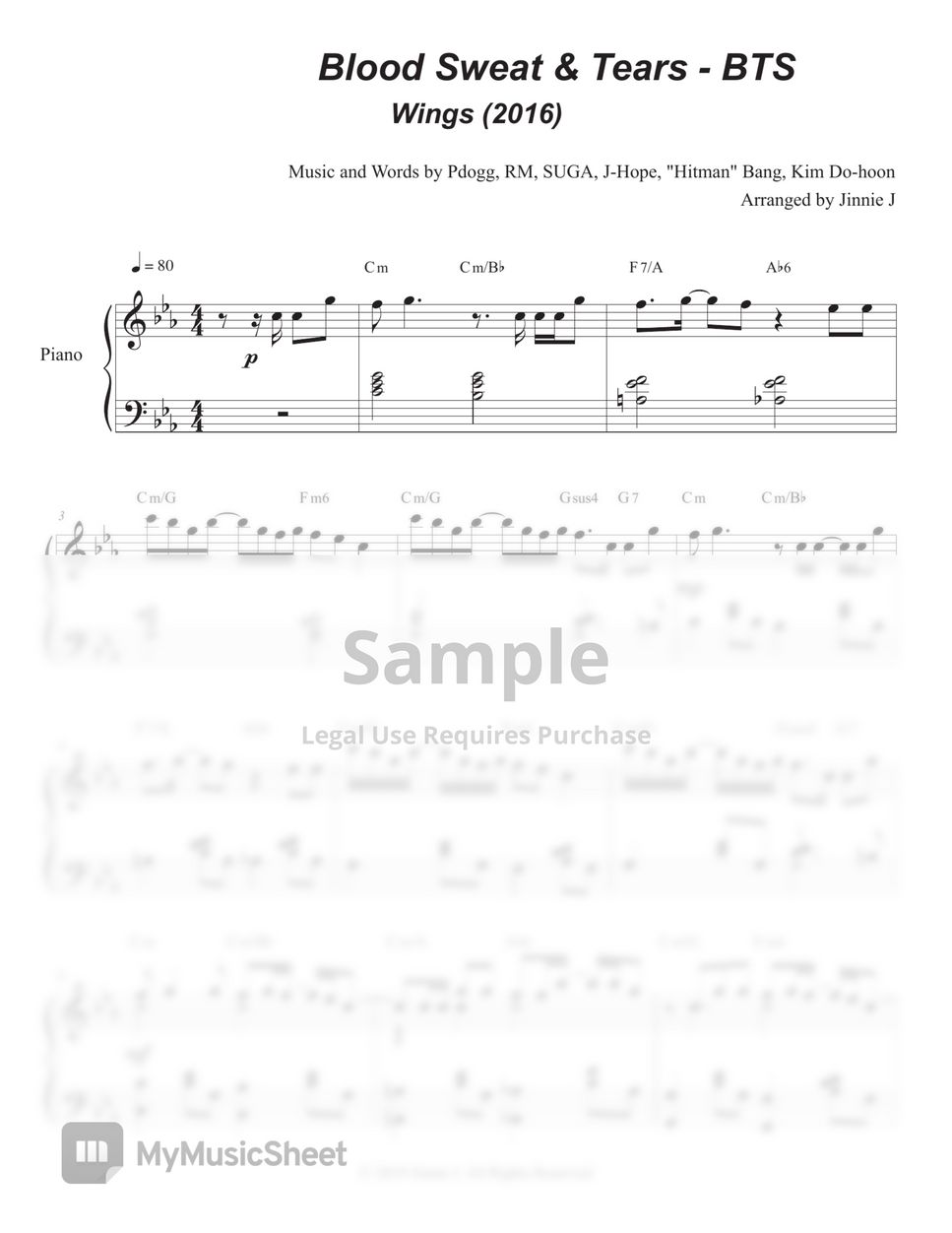 BTS - Blood Sweat & Tears (피땀눈물) - Piano 악보