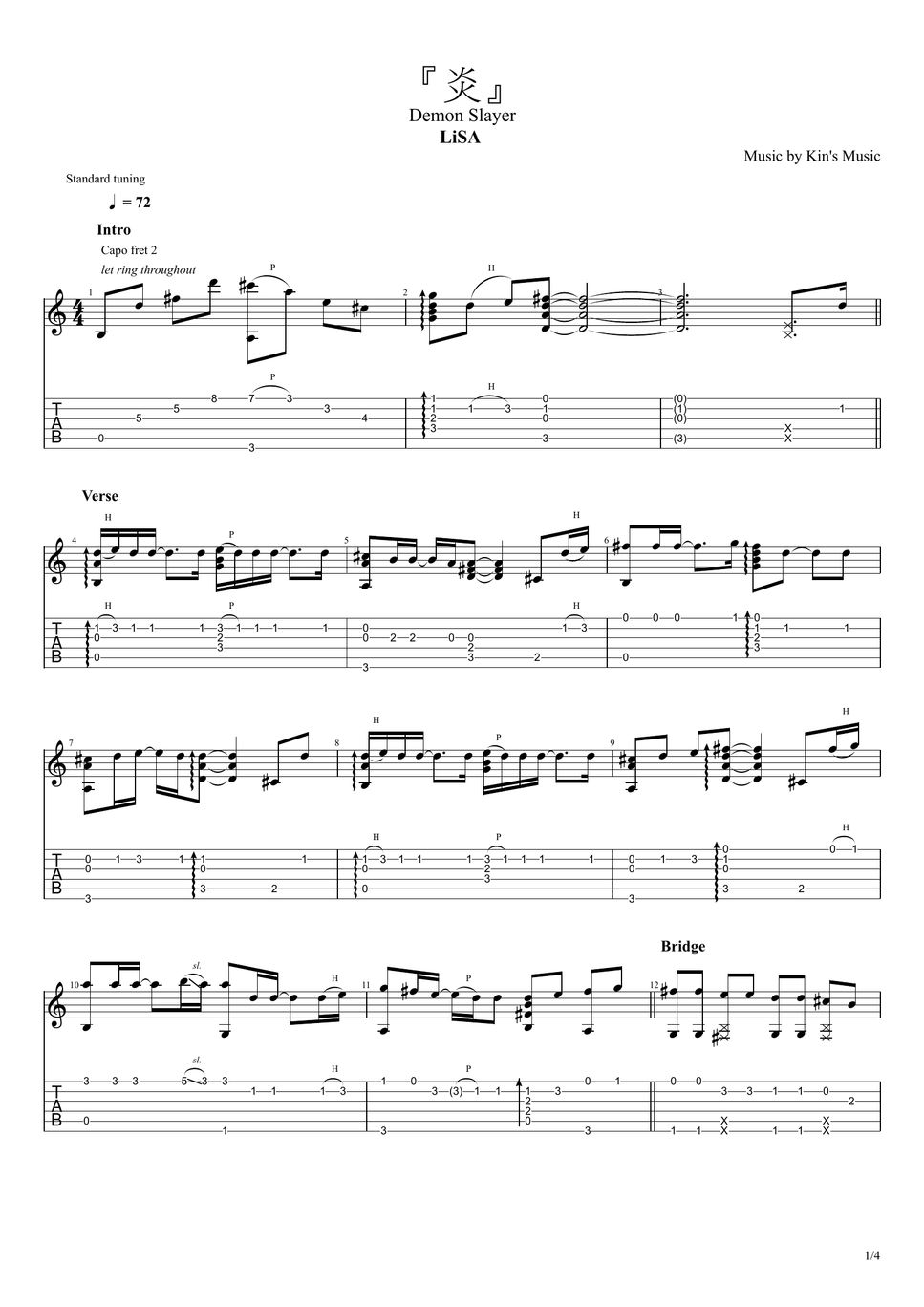 LiSA - 『炎』[Easy Guitar Fingerstyle For Beginner] TAB by Kin's Music