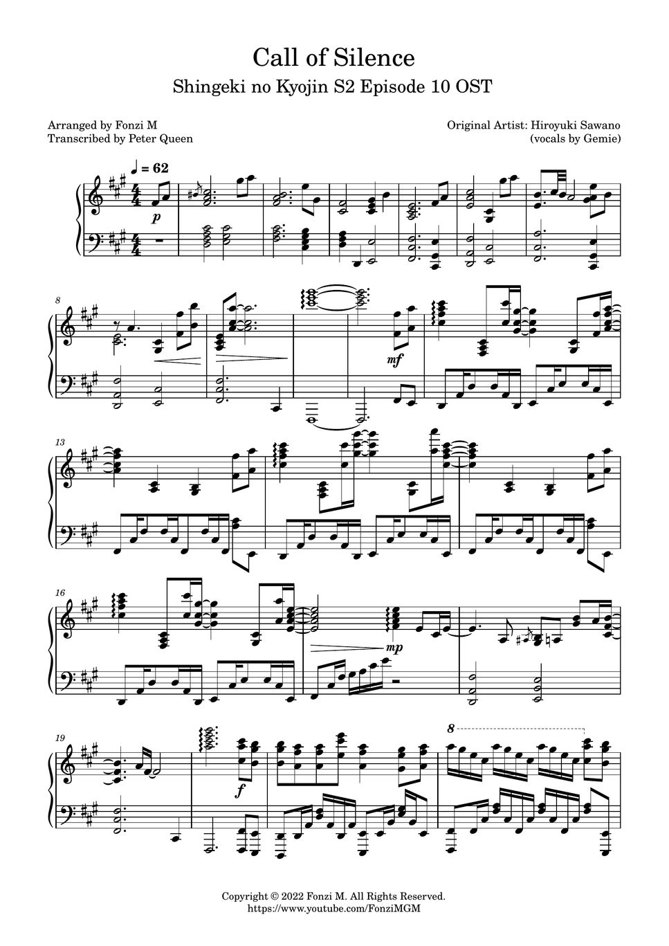 Hiroyuki Sawano feat. Gemie - Attack on Titan Season 2 OST - "Call of Silence" 樂譜 by Fonzi M