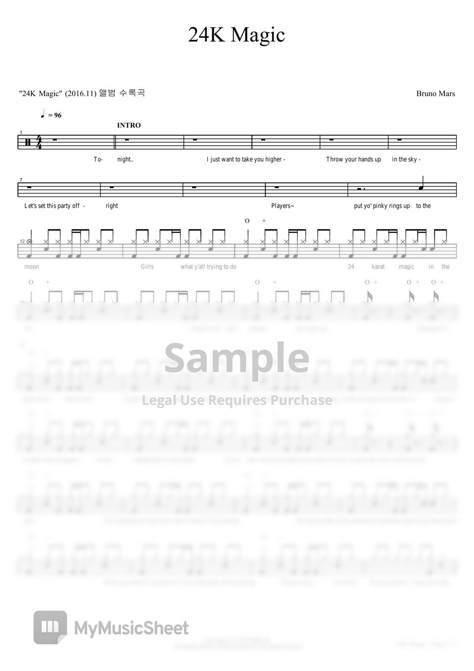 Bruno Mars - 24K Magic Sheets by COPYDRUM