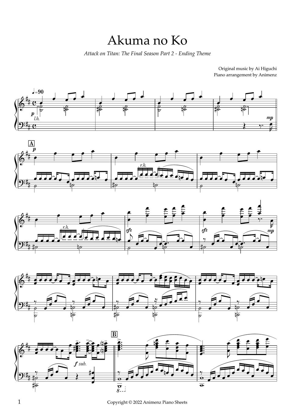 Ai Higuchi - Akuma no Ko (Attack on Titan Final Season Part 2 ED) 楽譜 by ...