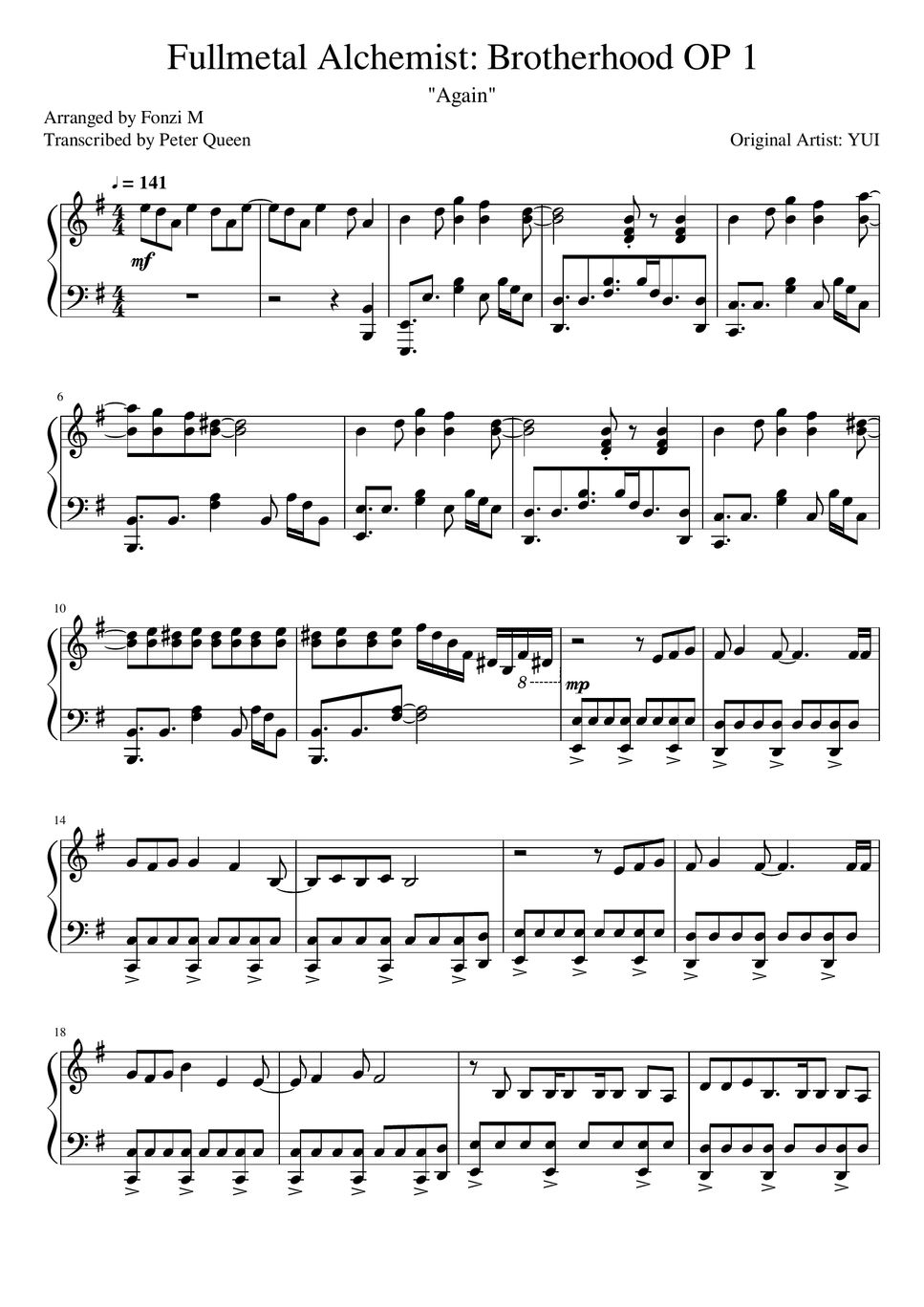 YUI - Fullmetal Alchemist: Brotherhood OP 1 - "Again" Sheet by Fonzi M