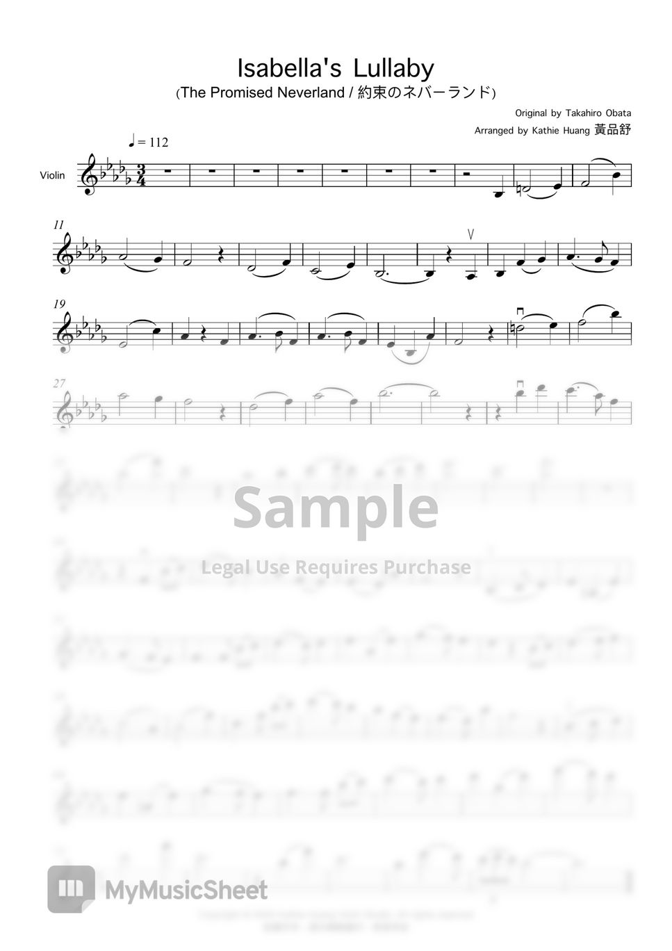 Takahiro Obata - Isabella's Lullaby Partitura by Kathie Violin