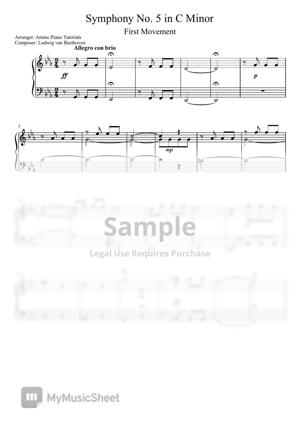 Beethoven - Symphony No. 5 in C Minor First Movement 악보 by Anime Piano ...